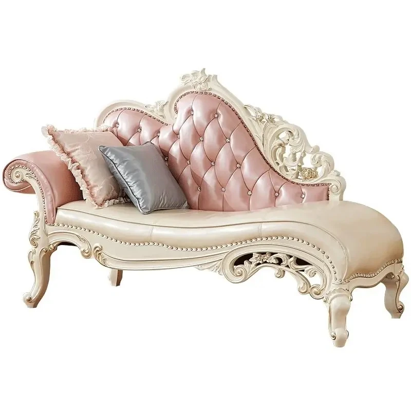 Antique European Style Living Room Solid Wood Fabric Leather Chaise ...