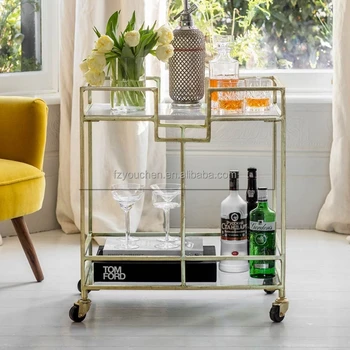 Modern 2-tier Golden Cocktail Bar Cart Metal Drink Trolley For Home ...