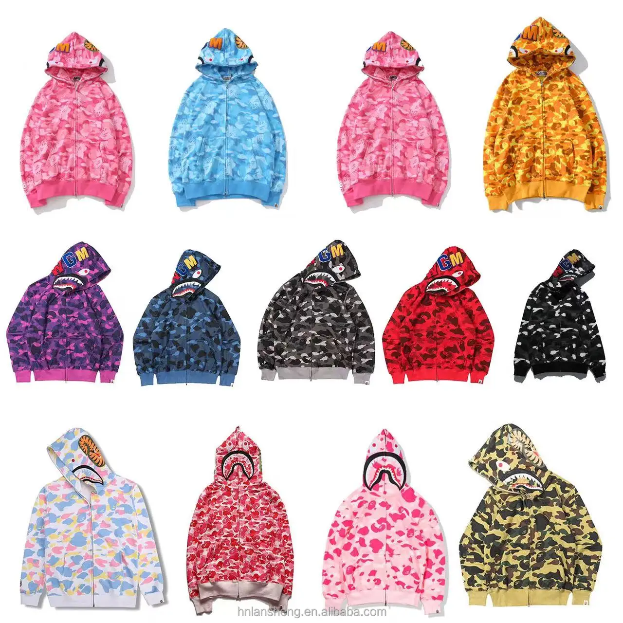 100% Cotton Top Quality Bathing Ape Shark Camo Zip Up Streetwear Outfit ...