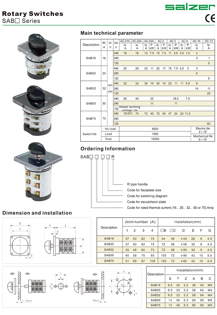 SALZER SA16 FOR-OFF-REV Selector Switch - TUV, CE, CB Approved