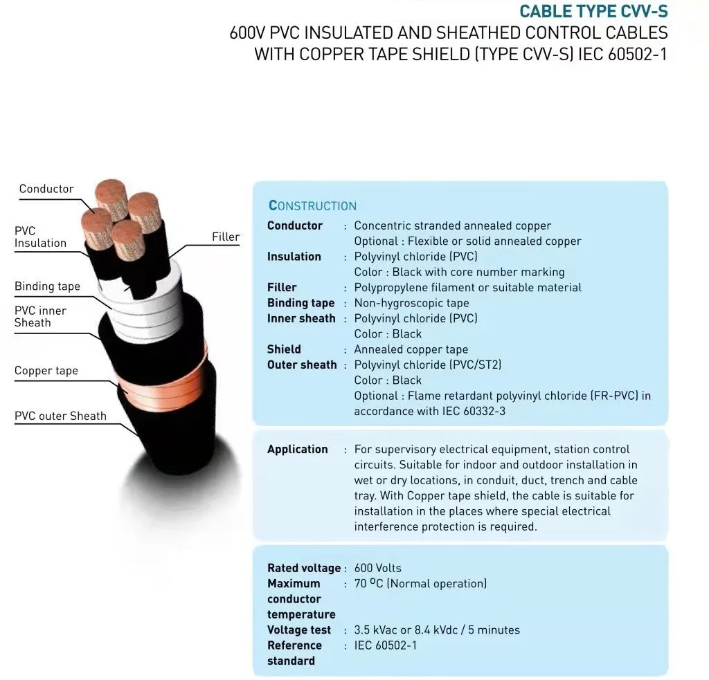 0.6/1kv CVV-S Cable CU/XLPE/CTS/PVC CONTROL CABLES WITH COPPER TAPE SHIELD