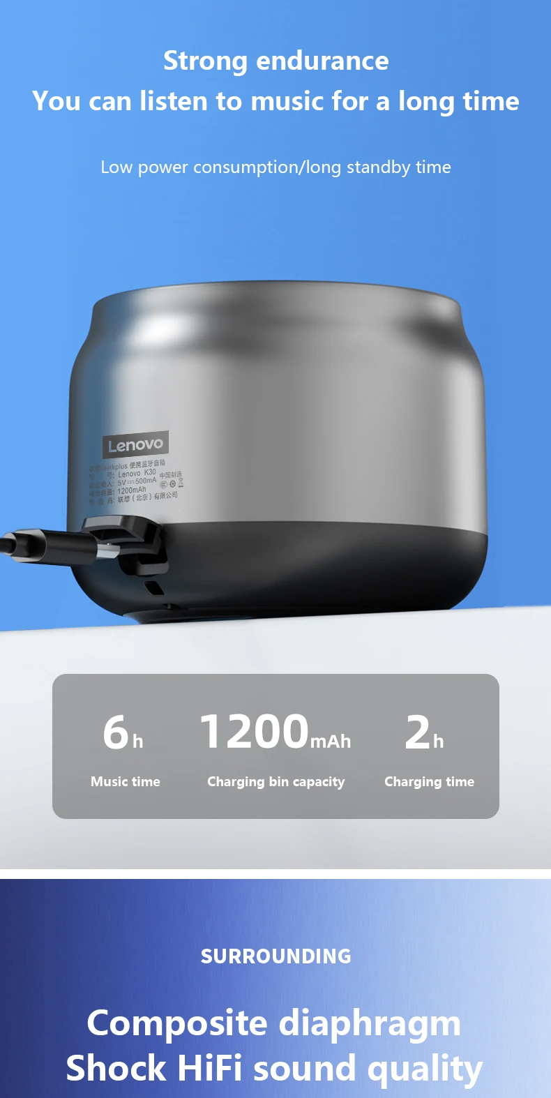 Original Lenovo K30 Wireless Bluetooth Speaker Mini Surround Stereo ...