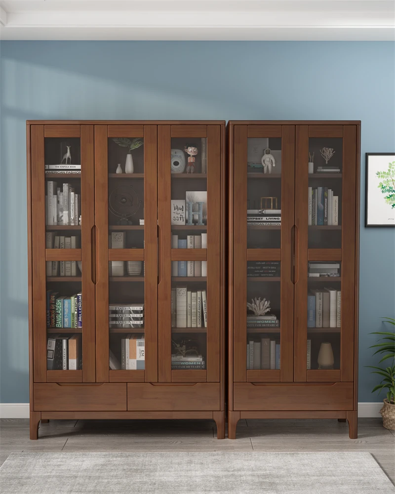 Nordic Solid Wood Oak Bookcase With Toughened Glass With Door To ...