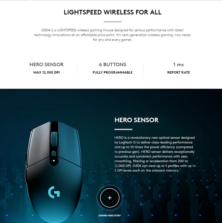 Logitech G304 Lightspeed Wireless Gaming Mouse 6 Programmable Buttons ...