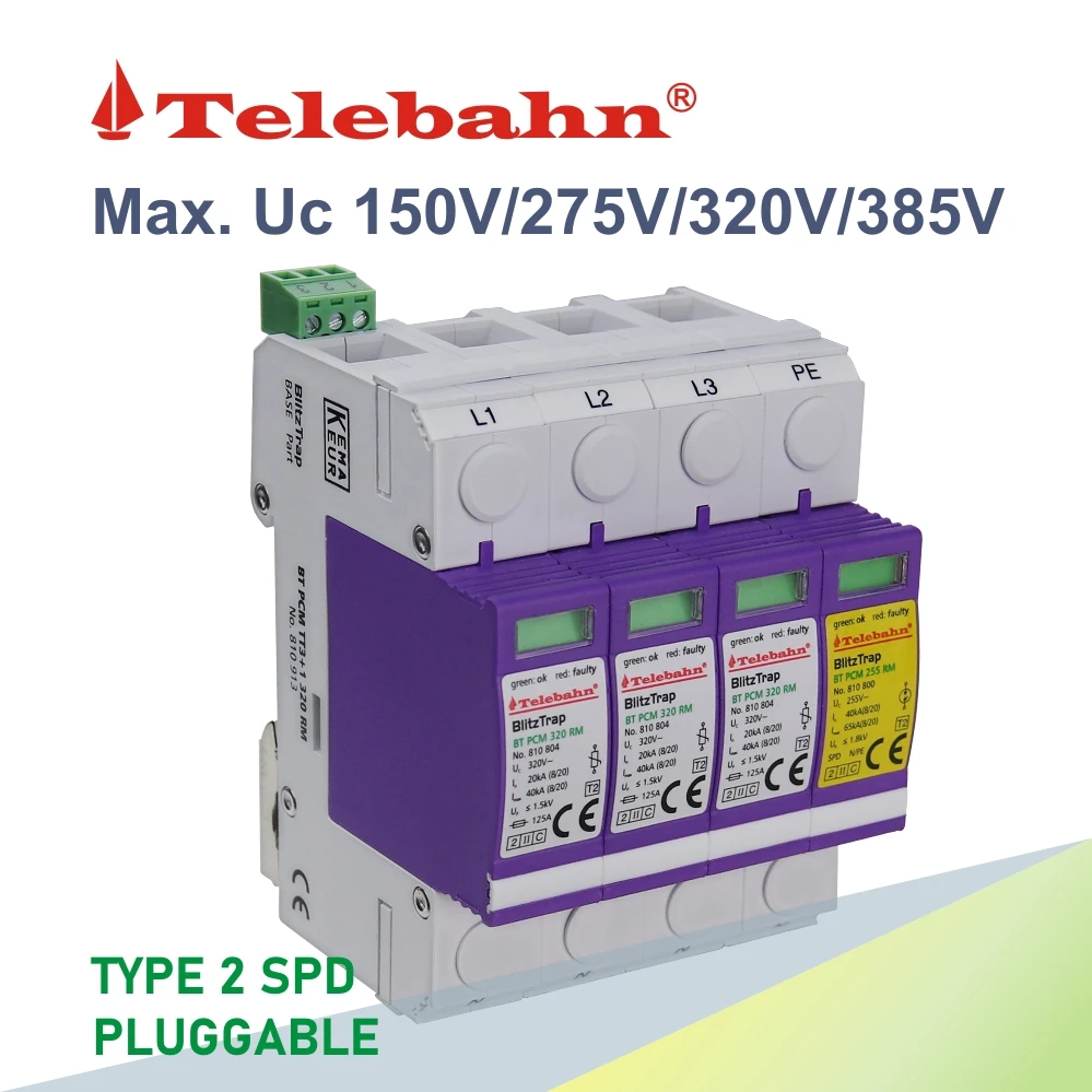 Telebahn 150V 275V 320V 385V AC T2 3P+N TT3+1 SPD 20kA 40kA KEMA-KEUR Power Low Voltage Three ...
