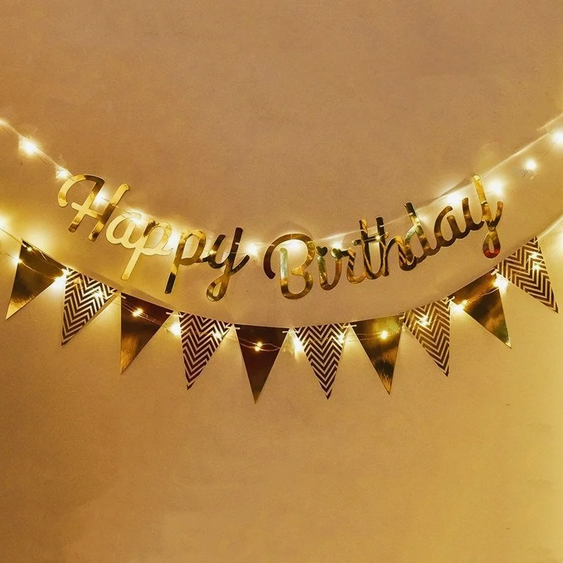Happy Birthday Pennant Banner Fairy String Light Gold Hanging Star ...