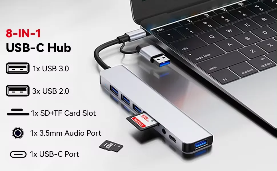 2 in 1 Dual Connector USB Hubs 8 in 1, USB 3.0 2.0 3.5mm Audio PD ...