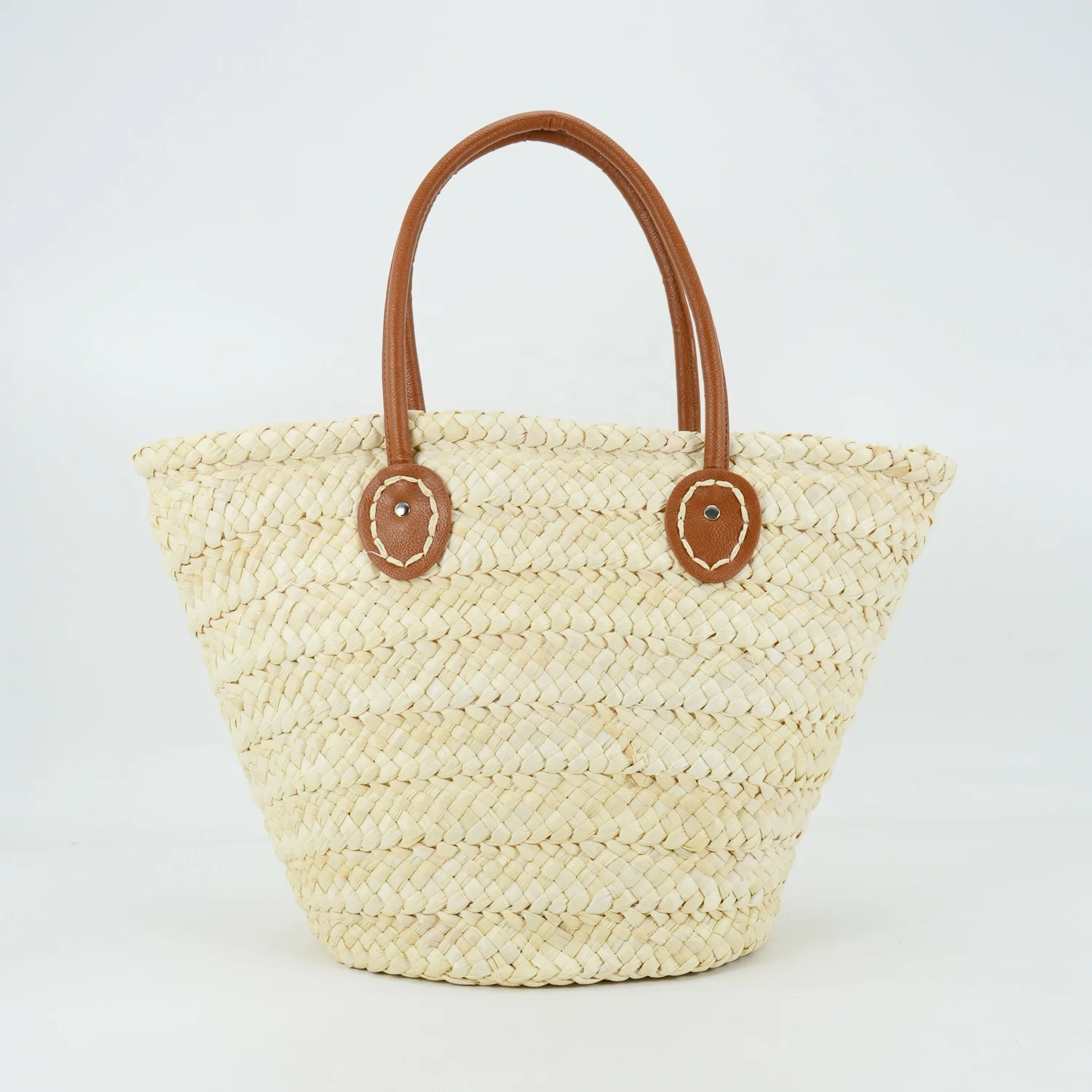 Customized Natural Corn Husk Large Leather Handle Hand Woven Straw Tote ...