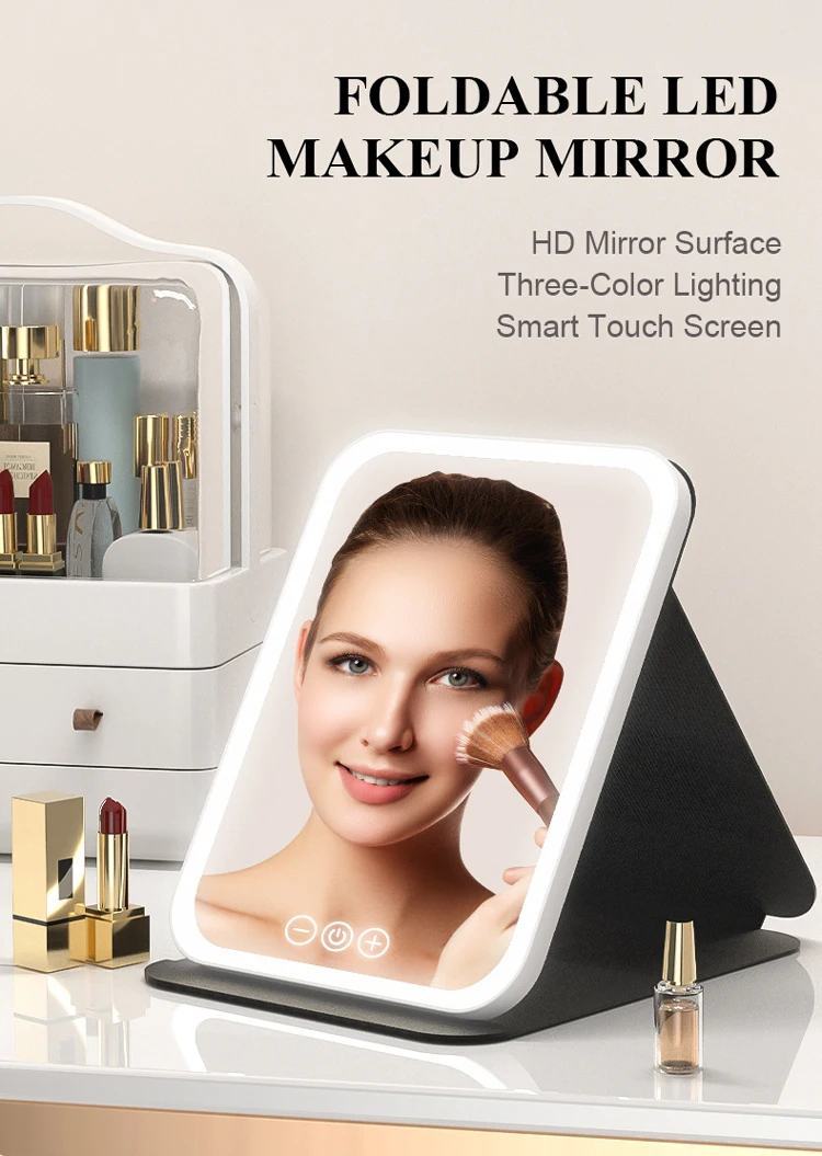 Cordless Rechargeable Folding 3 Lights LED Travel Mirror PU Leather ...