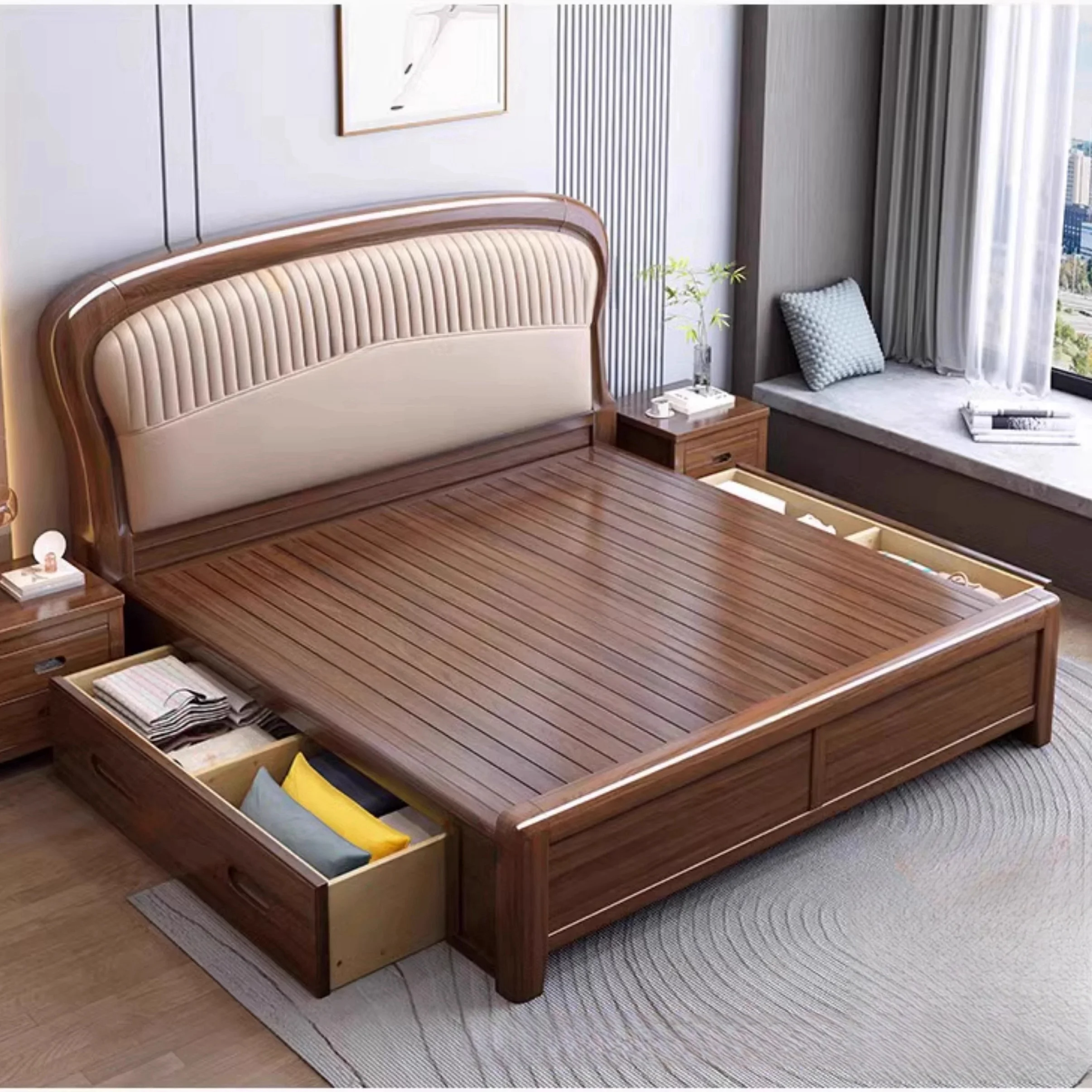 Walnut Wood Prince Prince Bed Kasal Sa Kasal Air Pressure Storage Bed ...