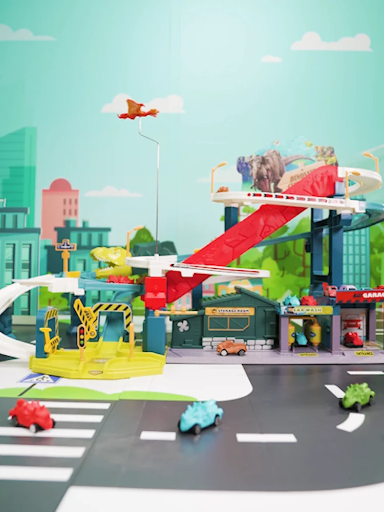 Kids Track Car Play Set Dinosaur Scene Ramp Climber With 8 Mini Car ...