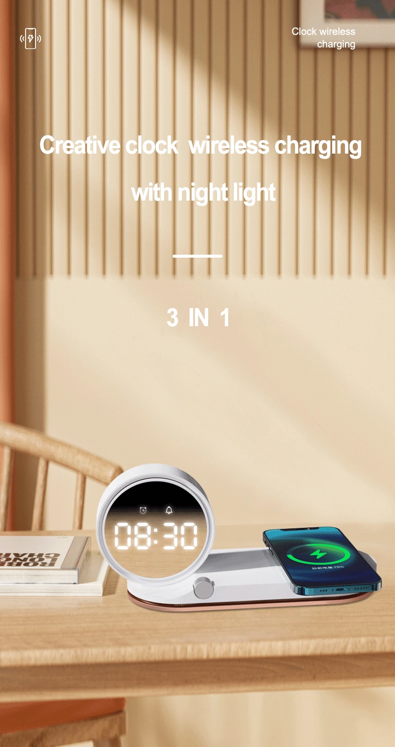3-in-1 Mobile Wireless Charger Alarm Clock Night Light
