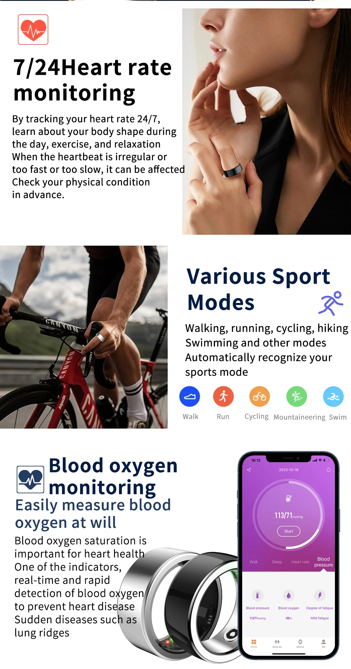 Huiers New Design Smart Health Ring Heart Rate Blood Oxygen Sleep ...