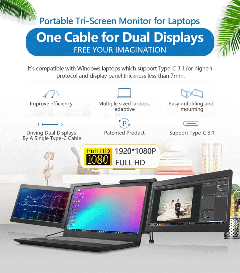 12 Inch One Cable For Dual Displays Dual Portable Extended Monitor ...