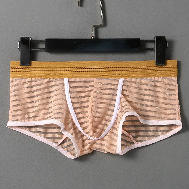 Gay Men Mesh Boxer Low-waisted Mesh Underwear Young Striped Boxer Sexy ...