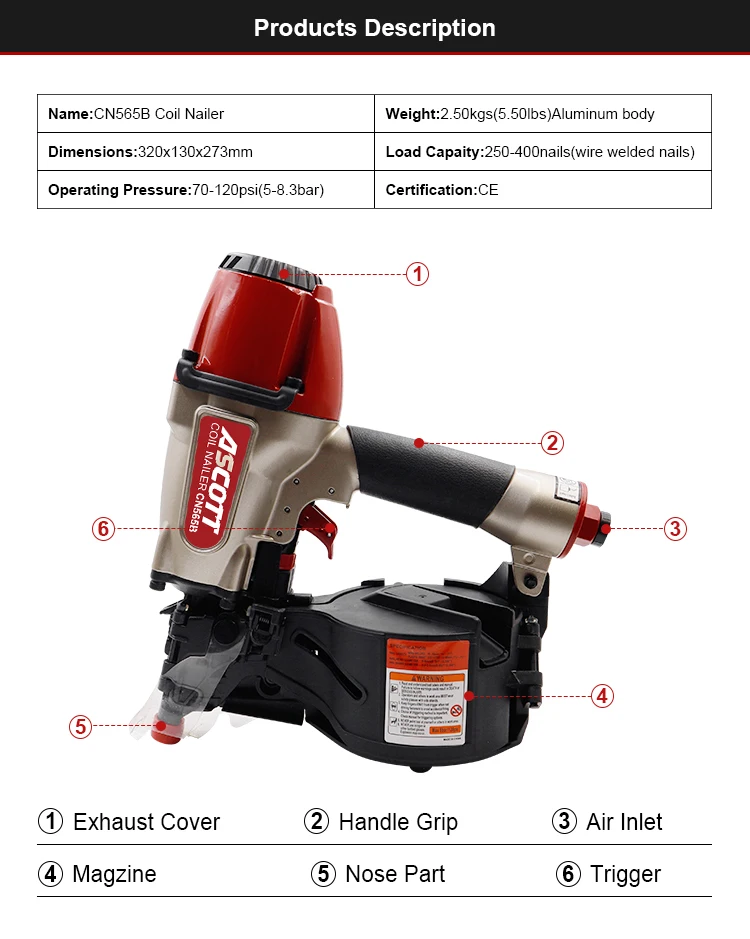15 Degree Coil Nailer Cn565b Pneumatic Nail Gun For M65 Clip - Buy ...