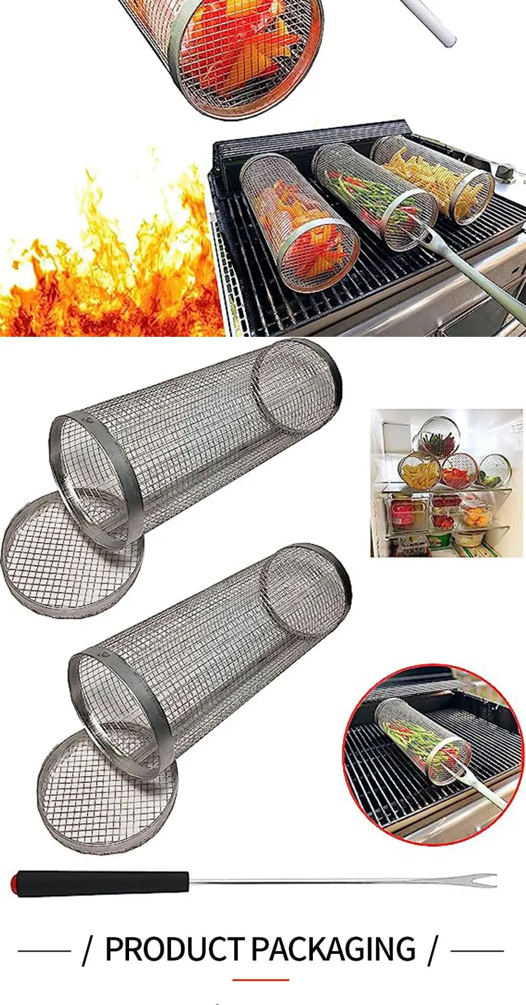 BBQ Rolling Grill Basket Clamshell Version Rolling Grill Cage Stainless ...