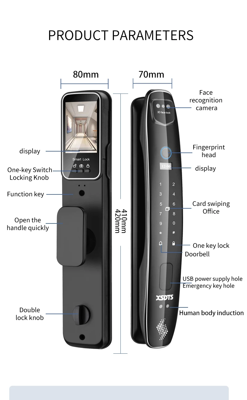 XSDTS CS7 Tuya Digital Smart Door Lock - 3D Face Recognition