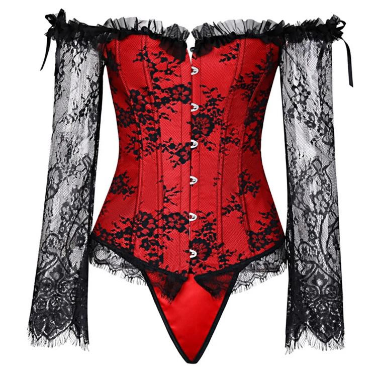 Plus Size Gothic Floral Long Sleeve Lace Overbust Corset Steampunk ...