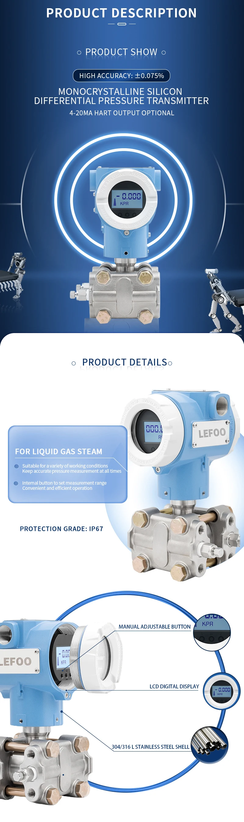 Lefoo Monocrystalline Silicon Dp Transmitter Differential Pressure Flow Transmitter For Liquid ...