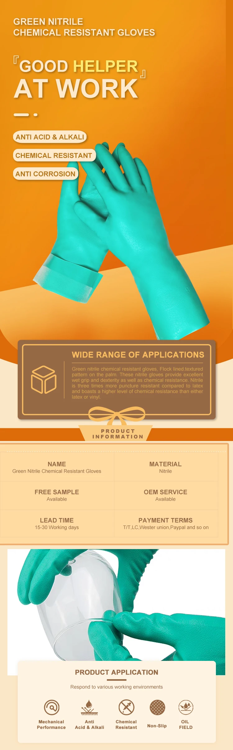 Nitrile Industrial Flocked Chemical Resistant Gloves For Acid,Alkali ...