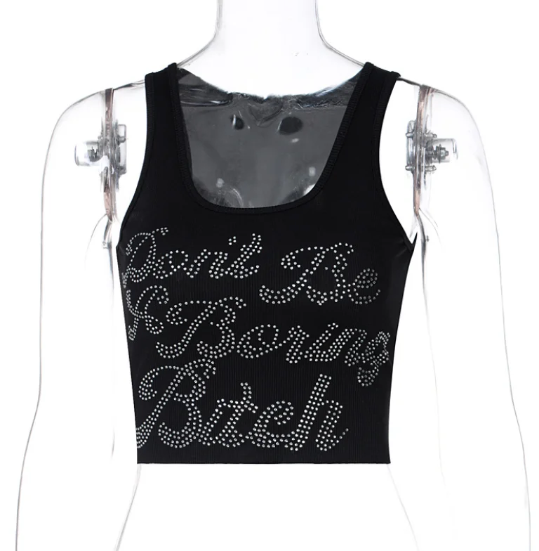 2021 Summer Custom Women Black Rhinestone Logo Crop Tank Top For Ladies ...