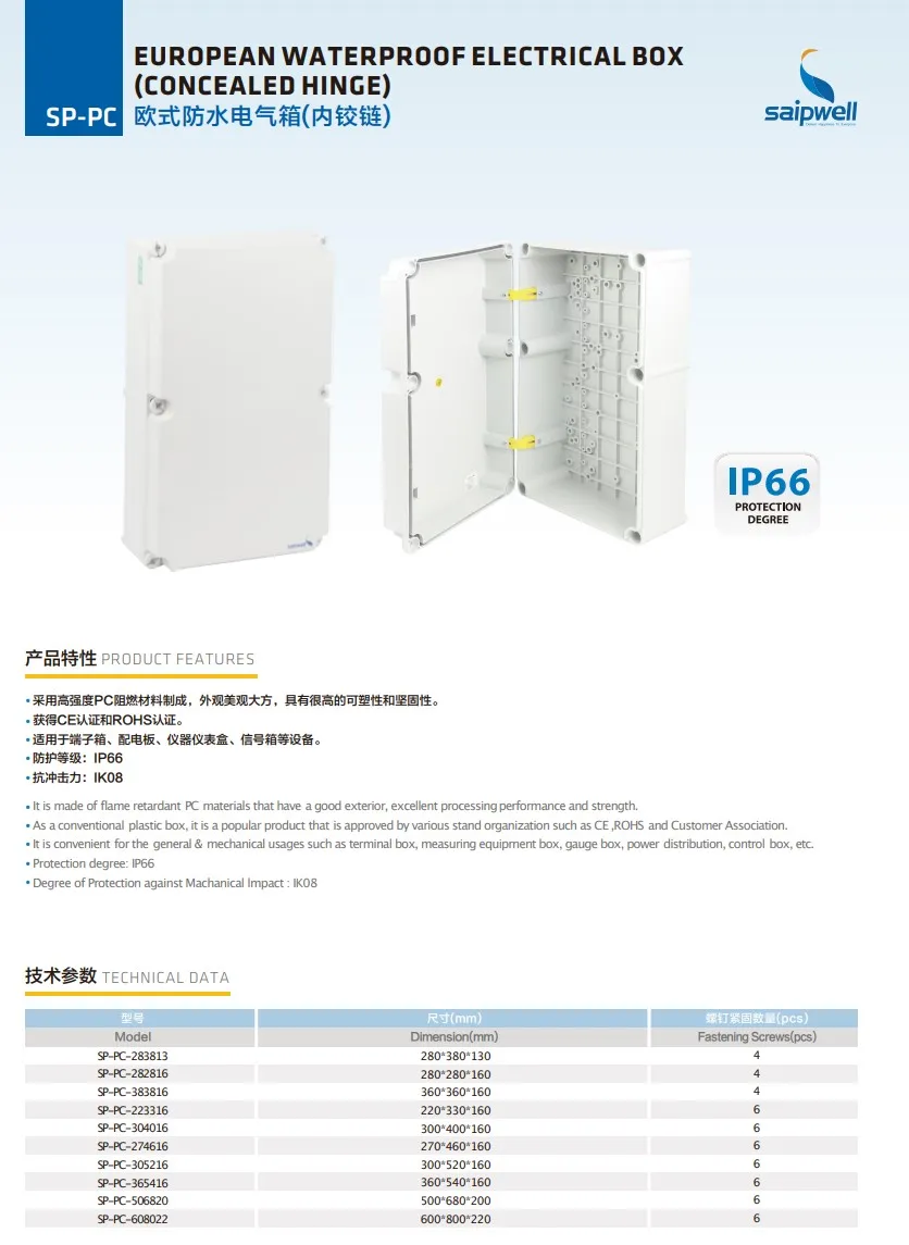 Saipwell Outdoor Waterproof Ip66 Pc Plastic Industrial Electric Box Pc