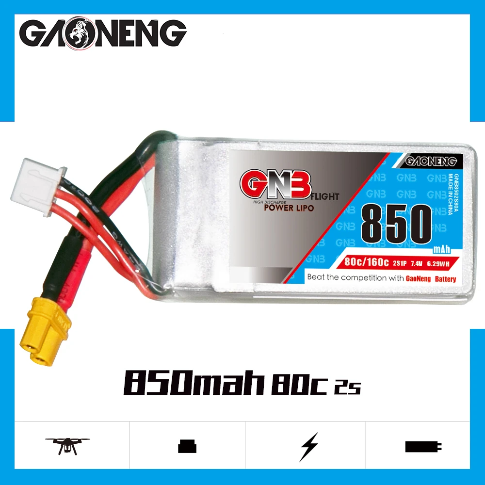Gnb Gaoneng 850mah 2s 7.4v 80c Xt30 Connector Fpv Lipo Battery For ...