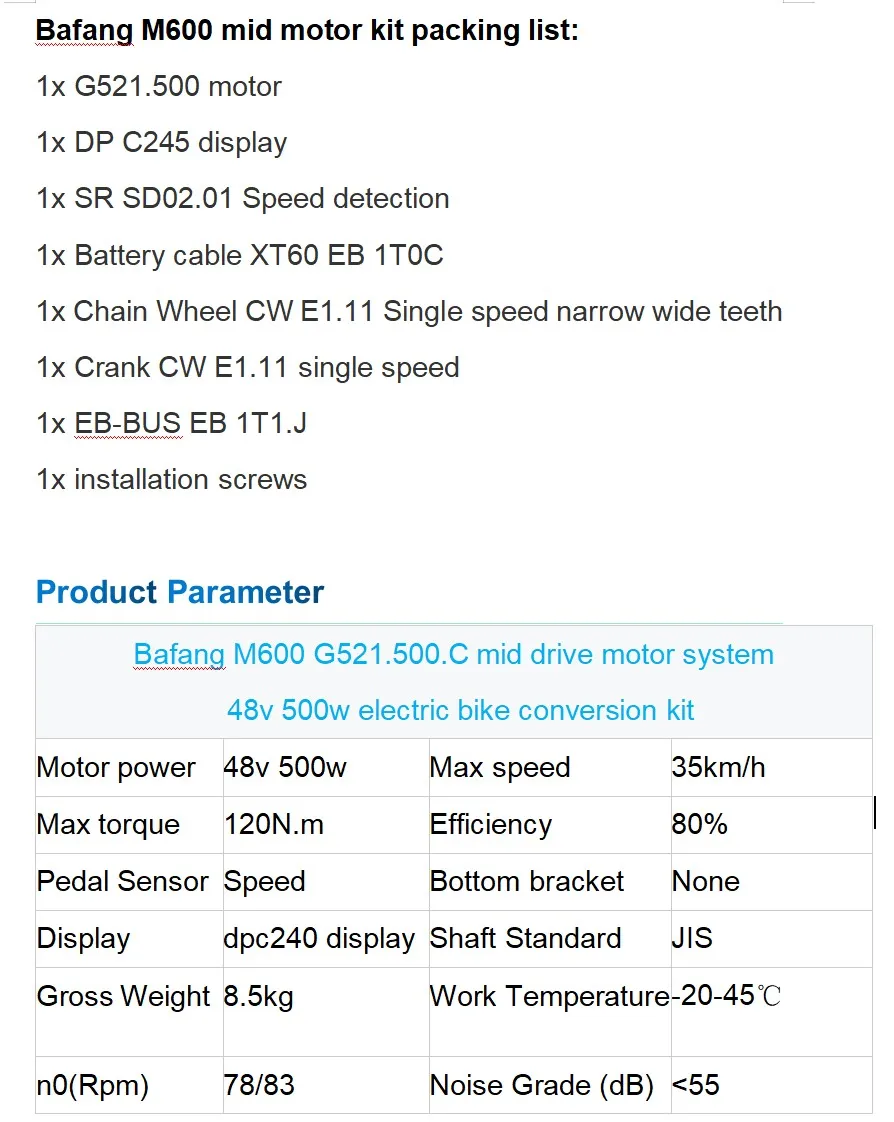Bafang 120N.m Torque M600 MID DRIVE Motor Kit System 48V 500W G521 E ...