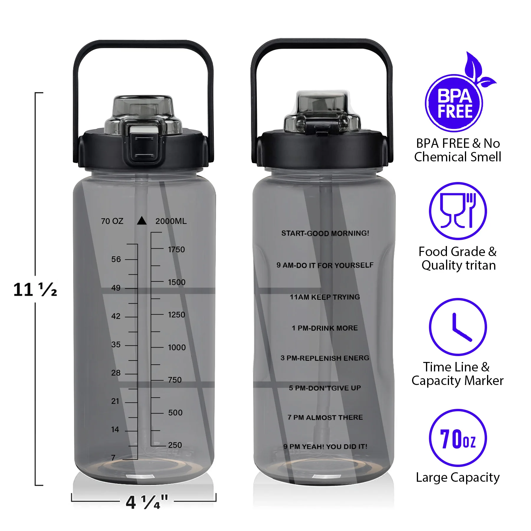 2000ml 64 oz half gallon bpa free plastic sport motivational water bottle with time marker ...
