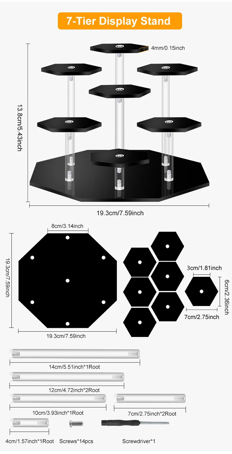 7 Tier Hexagon Acrylic Display Stands - Organize Collectibles