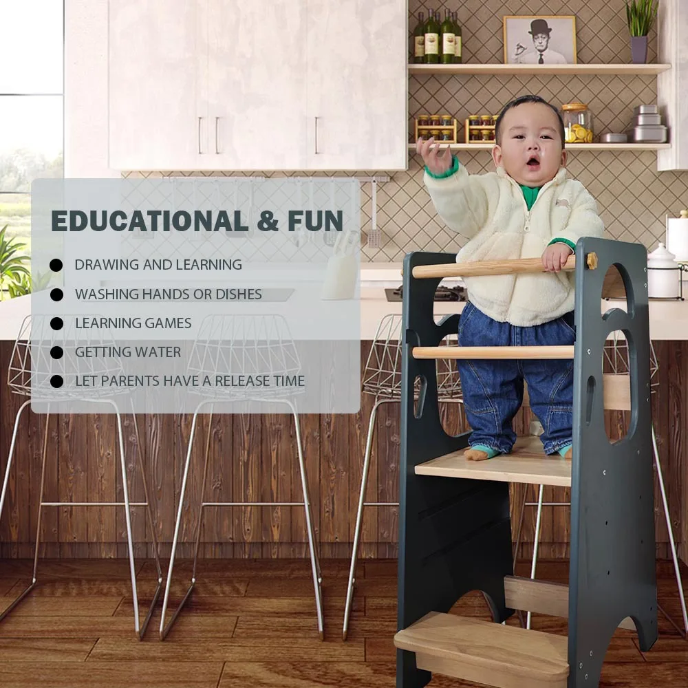 Kitchen Helper Step Stool Children Montessori Learning Tower Adjustable ...