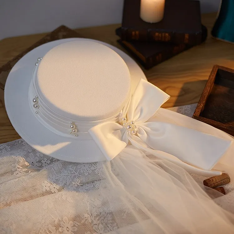 New French Top Hat Veil Vintage Wool Tweed Elegant White Bow Hat Hair ...