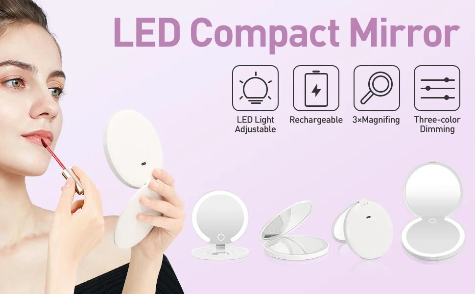 Rechargeable LED Makeup Mirror Portable Foldable Travel Handheld Pocket ...
