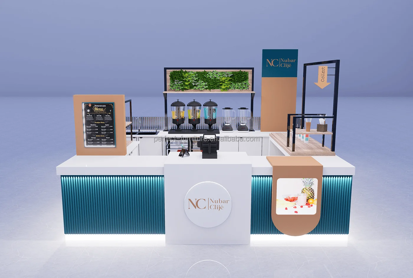 Food Kiosk Design Juice Blue Counter Shiny Juice Bar Inside Mall Booth ...