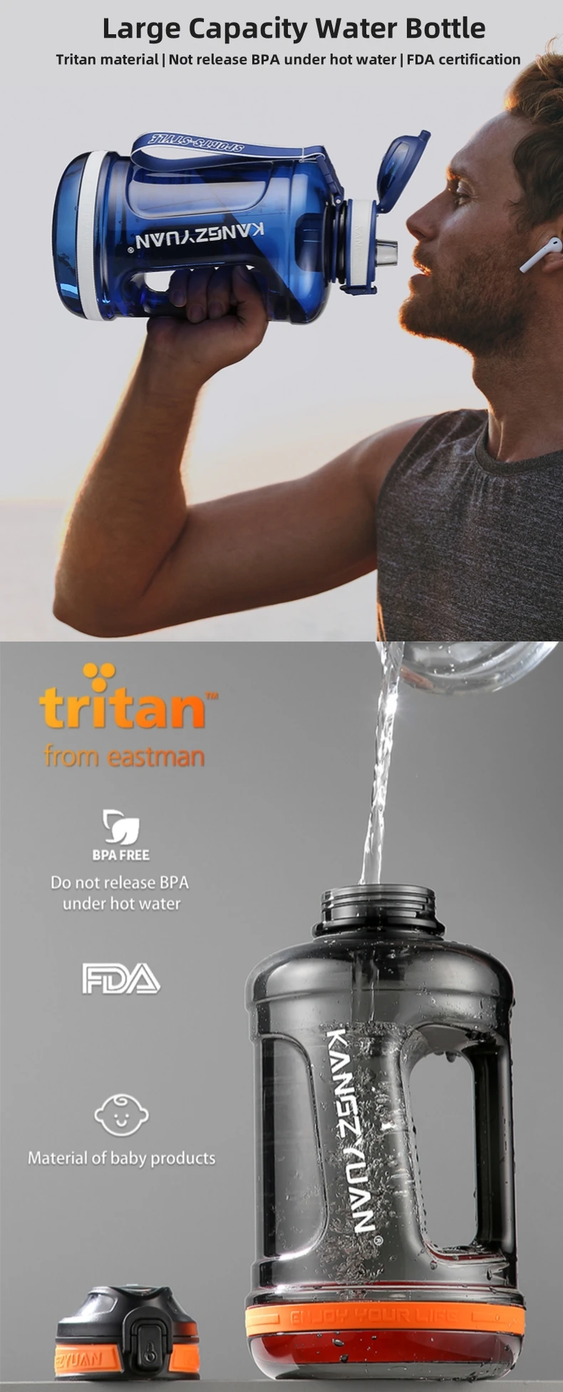 1500ml Botella De Agua Personalizado Eco Amigable Big Size Clear Tritan ...