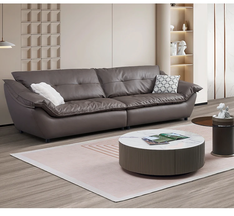 Living Room Simple Cloud Leather Sofa Family Small Flat Straight Row ...