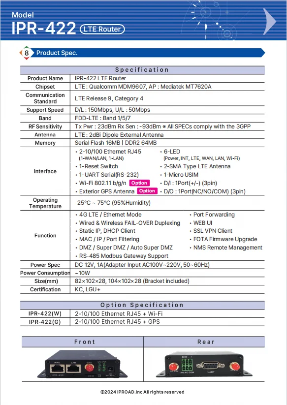 Korea Wholesale Ipr-4224g Router 2-port Wifi Router 4g Lte M2m Wifi Ssl Vpn Uart Rs485 Nms ...