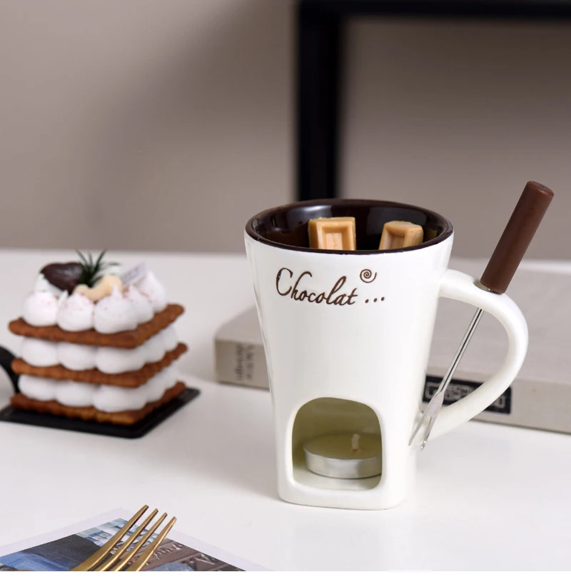 Personal Chocolate Fondue Mug Set - Ceramic Mugs with Forks