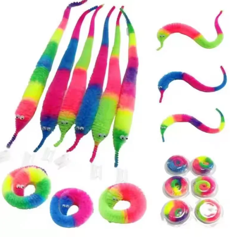 Classic Rainbow Color Plush Worm Toys Decompression Fidget Worm Magic ...