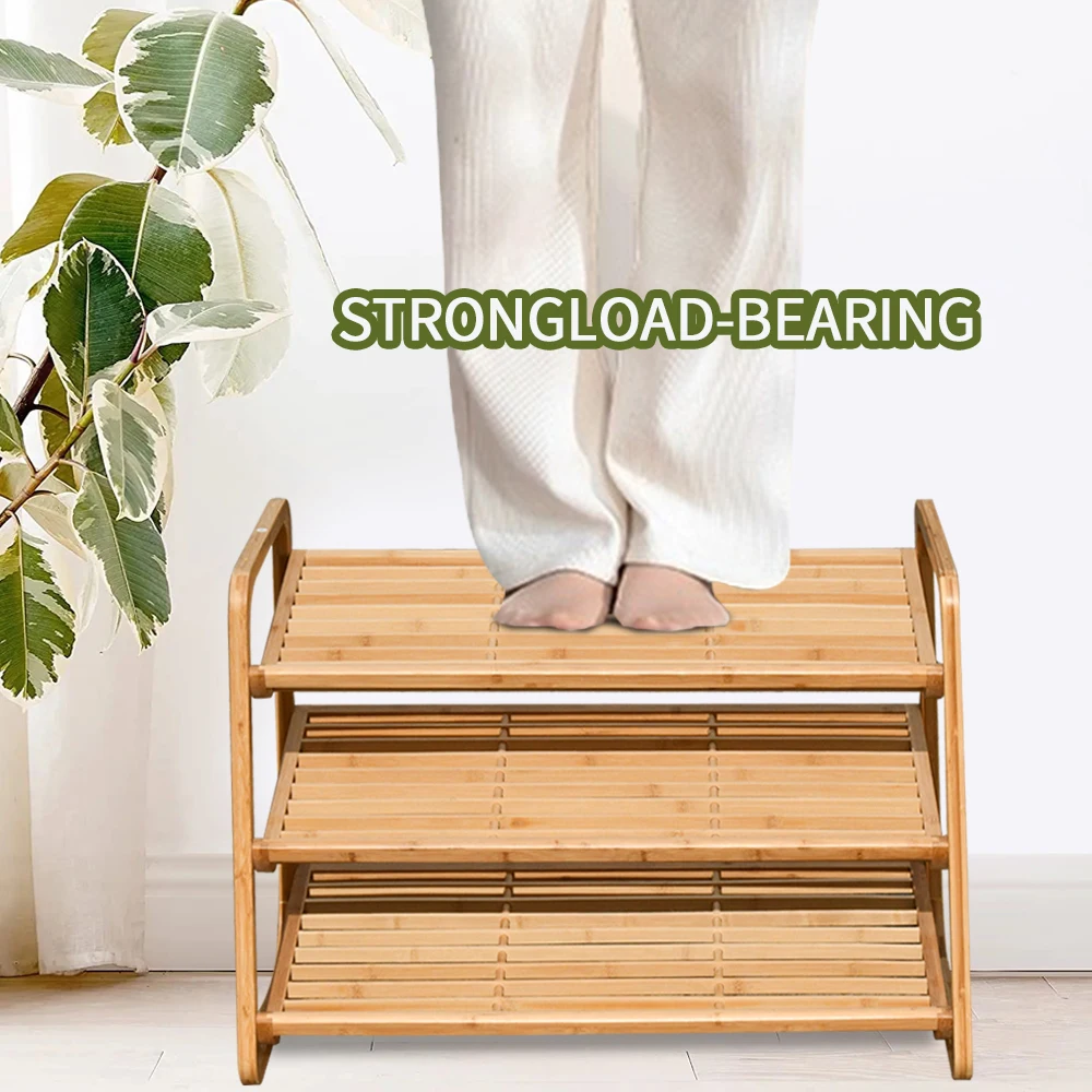 3 Tier Natural Bamboo Shoe Rack - Stackable Storage Shelf with Multi ...