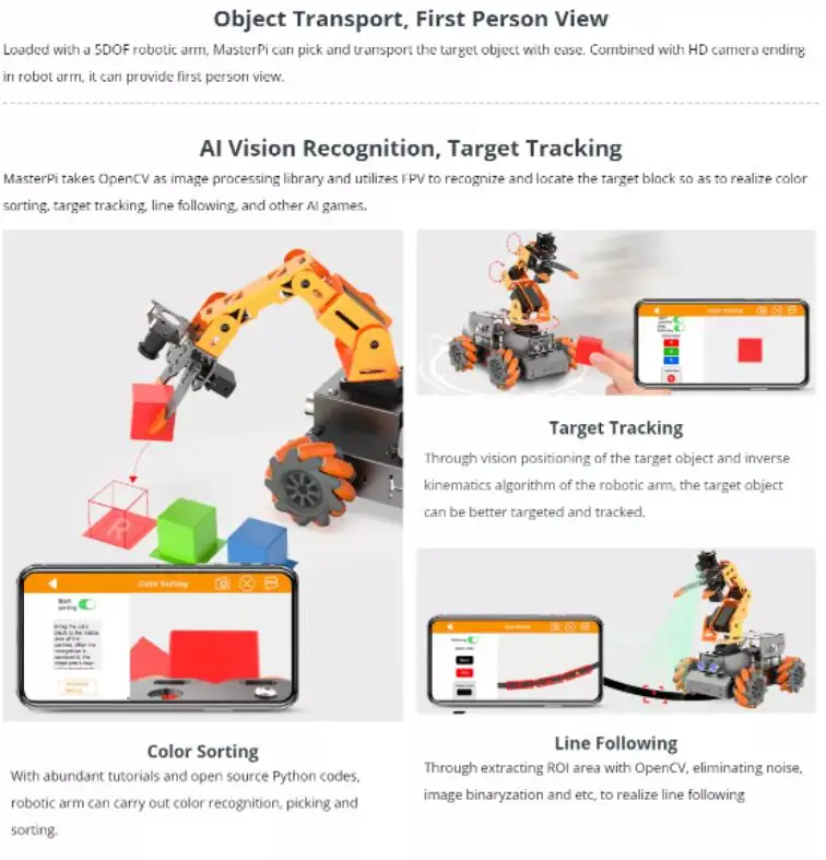 Hiwonder MasterPi AI 비전 로봇 팔 Mecanum 바퀴 자동차 구동 라즈베리 파이 4B 교육 로봇 자동차 ...