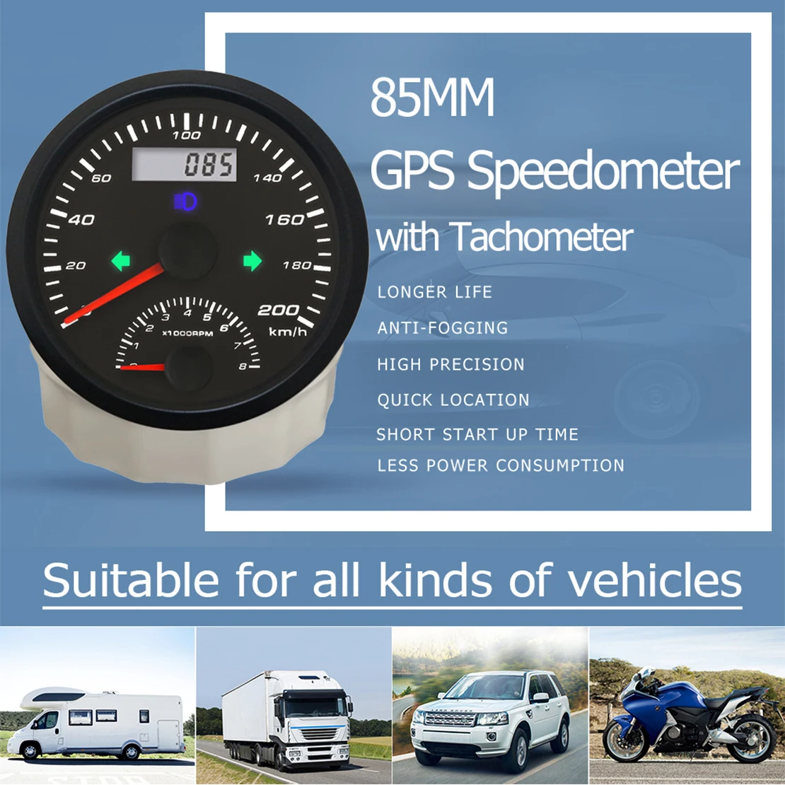ELING 85mm Universal Speedometer GPS with Tachometer RPM Gauge