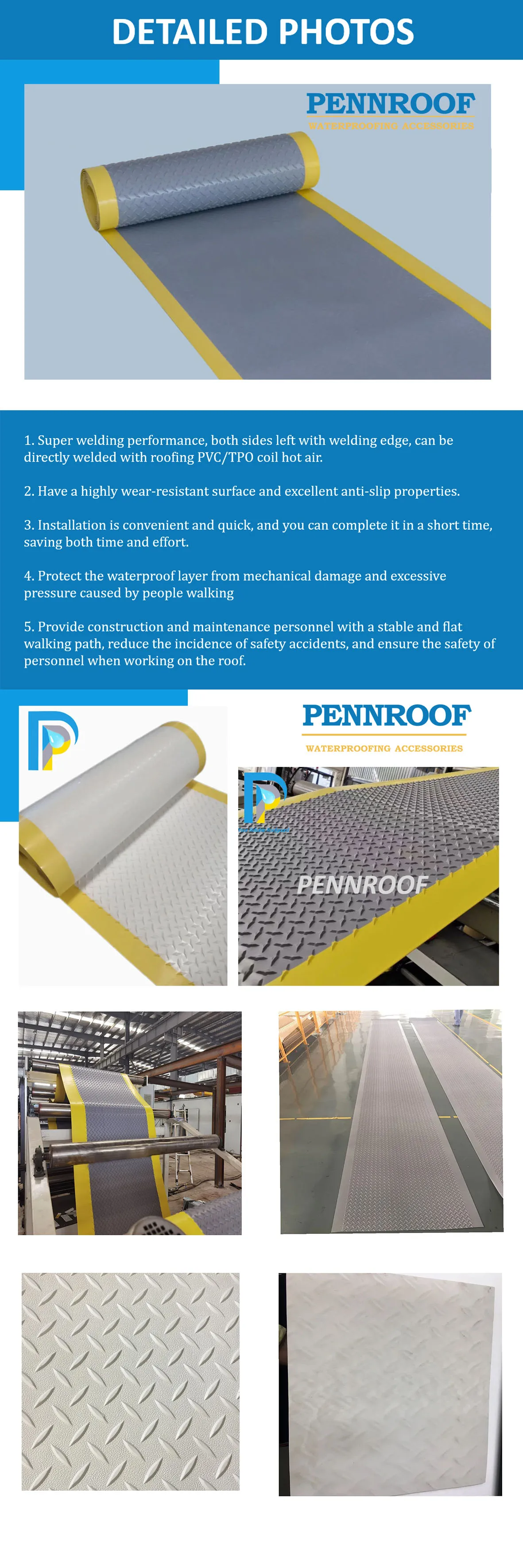 High-strength PVC/TPO Roofing Walkway Mats - Durable & UV Resistant