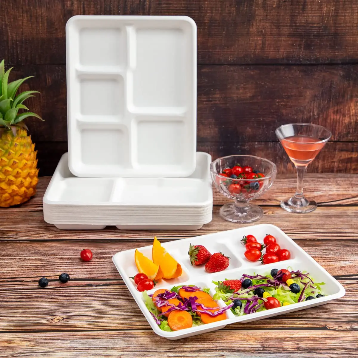 100% Compostable Bagasse School Lunch Tray 6 Grid Plate Cane Fiber ...