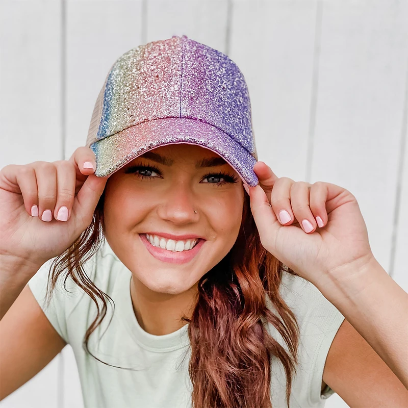 Glitter Bling Mesh Baseball Cap For Women And Girl Messy Bun Colorful ...