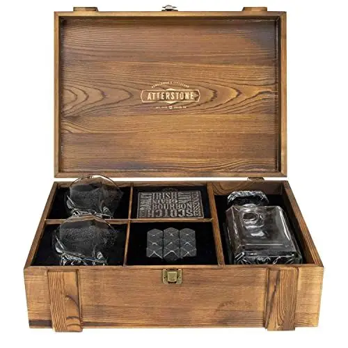 Luxury Wood Wine Box with Whiskey Glasses & Coasters