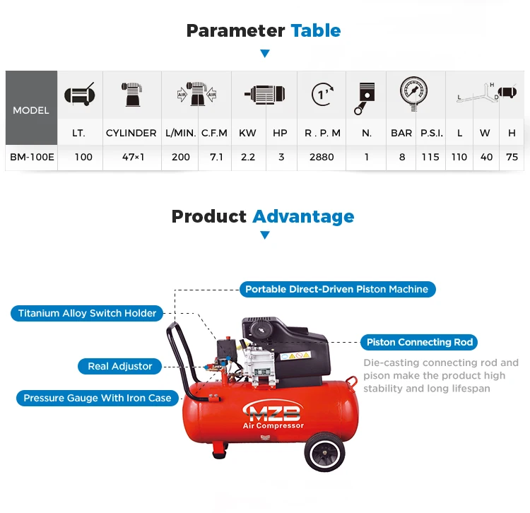 MZB 100 Liter Portable Air Compressor - 3hp, 2.2kw Power