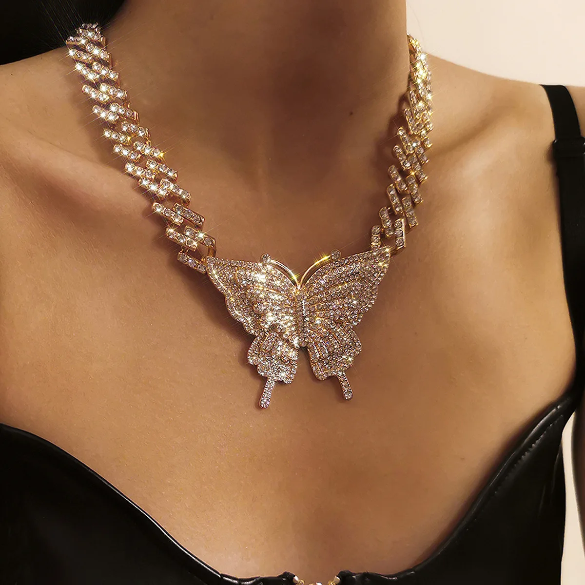 6 Pieces Exaggerated Butterfly Cuban Link Chain Jewelry Necklace Punk Hip Hop