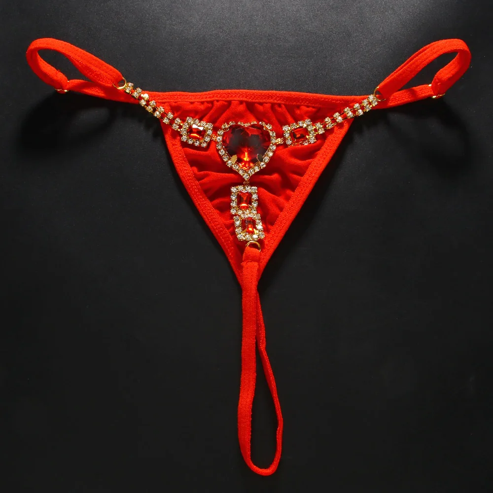 2025 G-String Thong with Red Heart Rhinestone Solid Pattern
